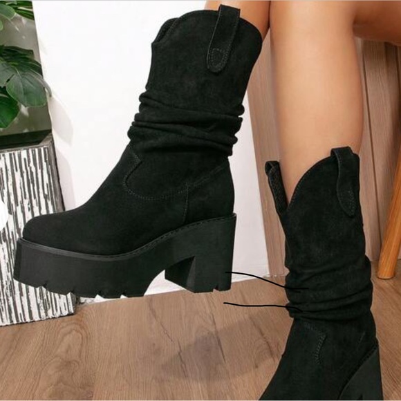 Shoes | Western Wedge Platform Suede Slouch Boots | Poshmark